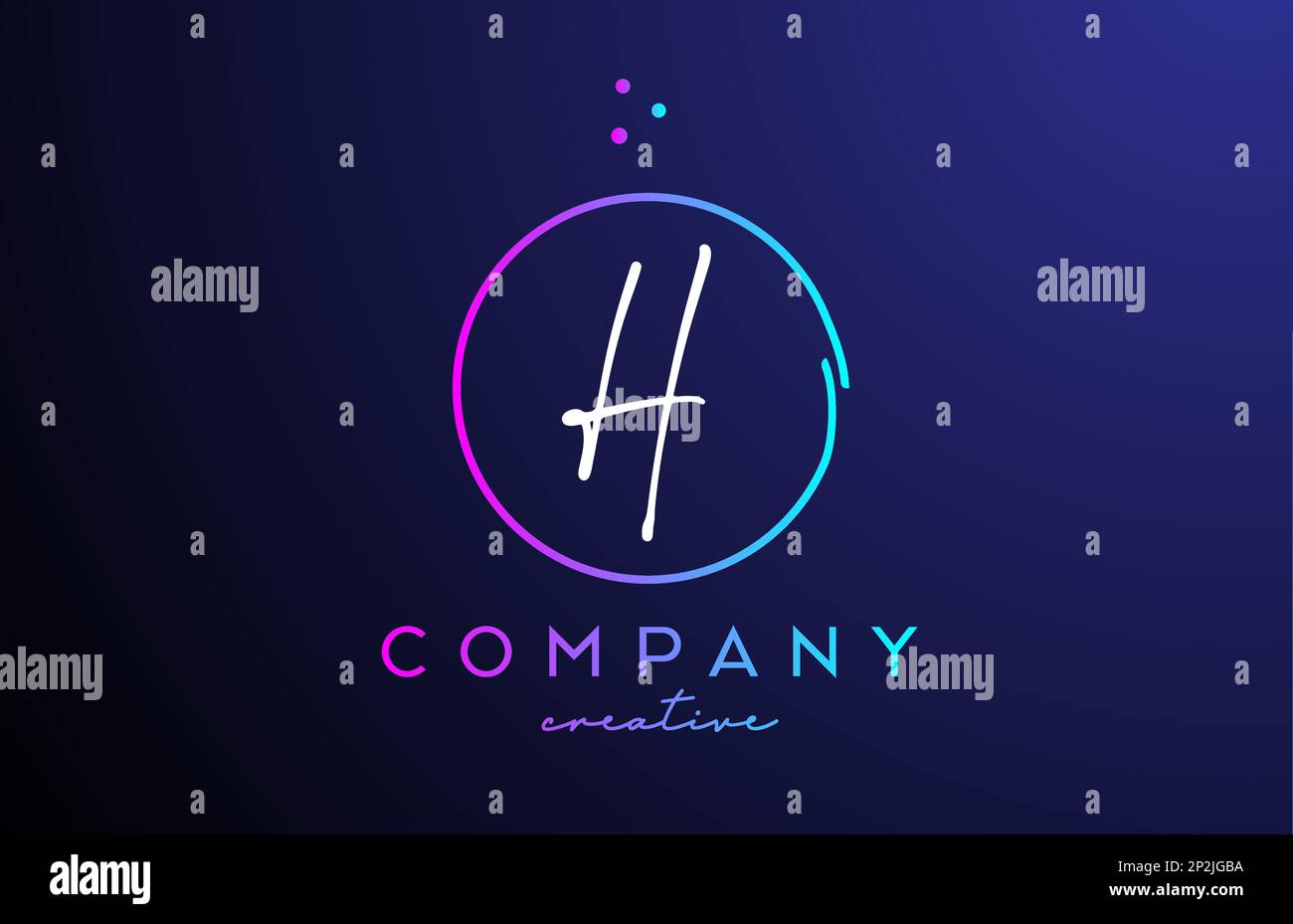 H handwritten alphabet letter logo with dots and pink blue circle ...