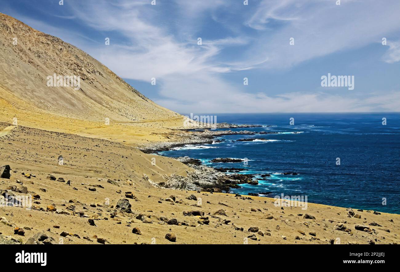 Atacama desert meets uninhabited wild ocean rocky coast: dry barren ...