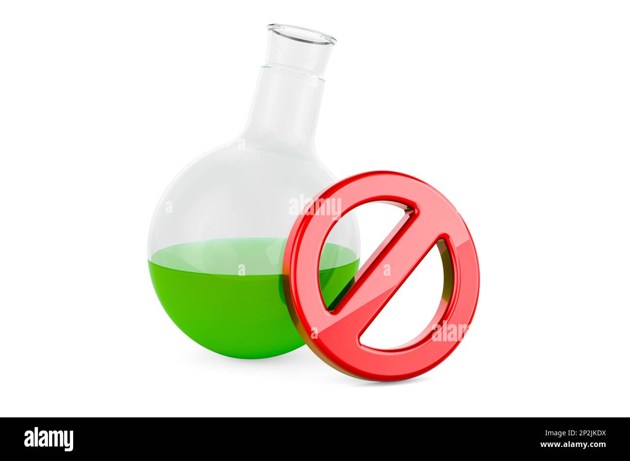 Chemical flask with forbidden symbol, 3D rendering isolated on white ...