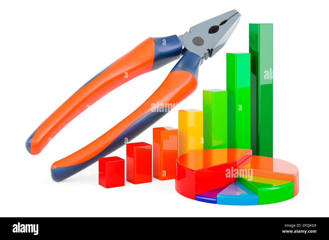 Pliers with growth bar graph and pie chart. 3D rendering isolated on ...