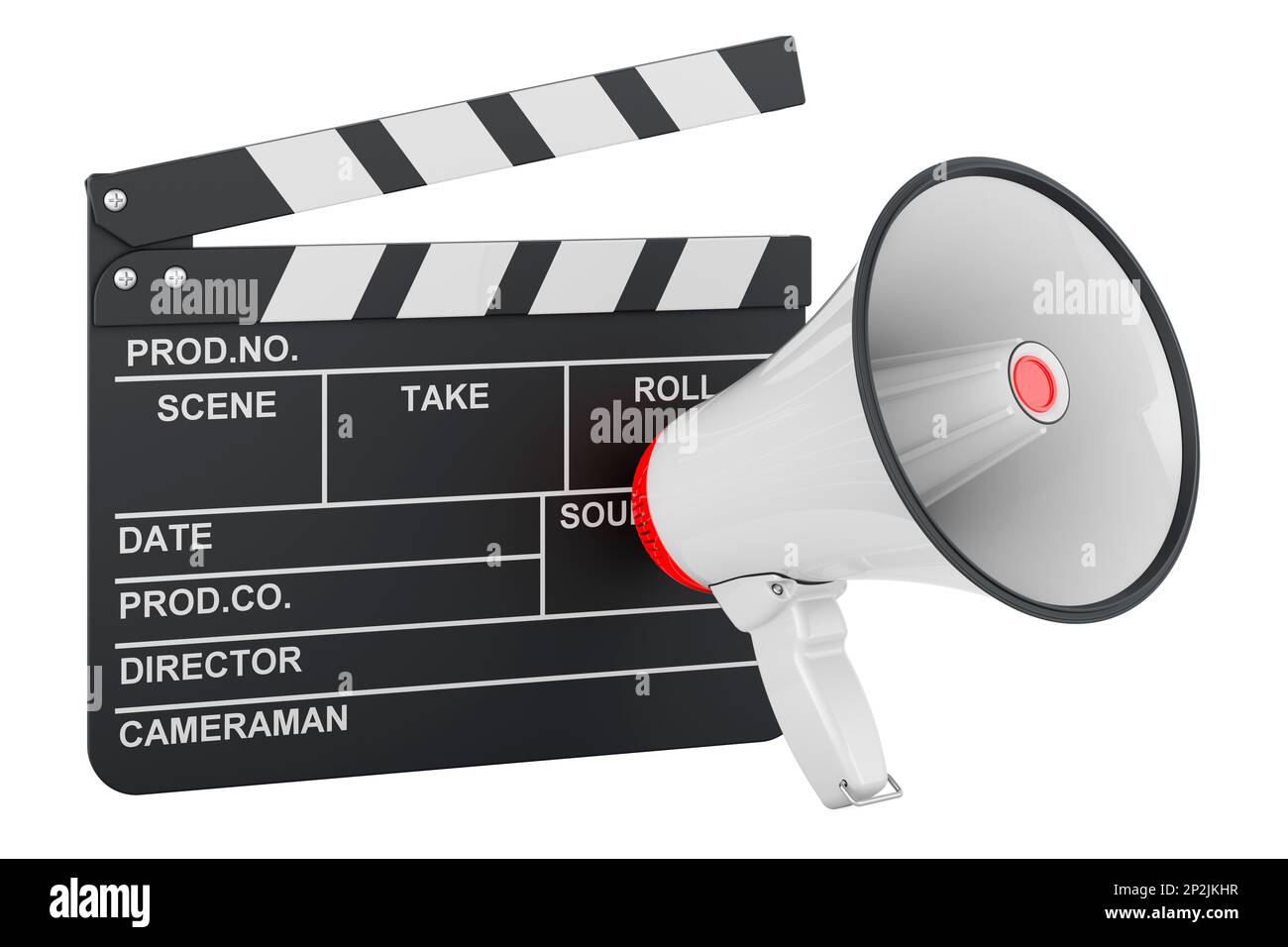 Megaphone with movie clapper, 3D rendering isolated on white background ...