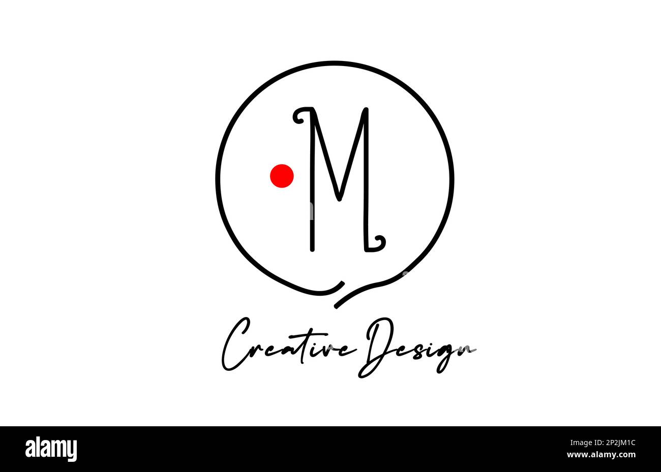 black and white M alphabet letter logo icon design with line red dot ...