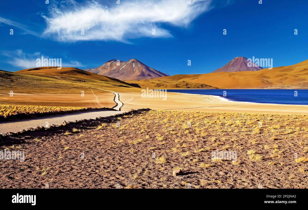 Beautiful spectacular dry colorful arid landscape, deep blue lake in ...