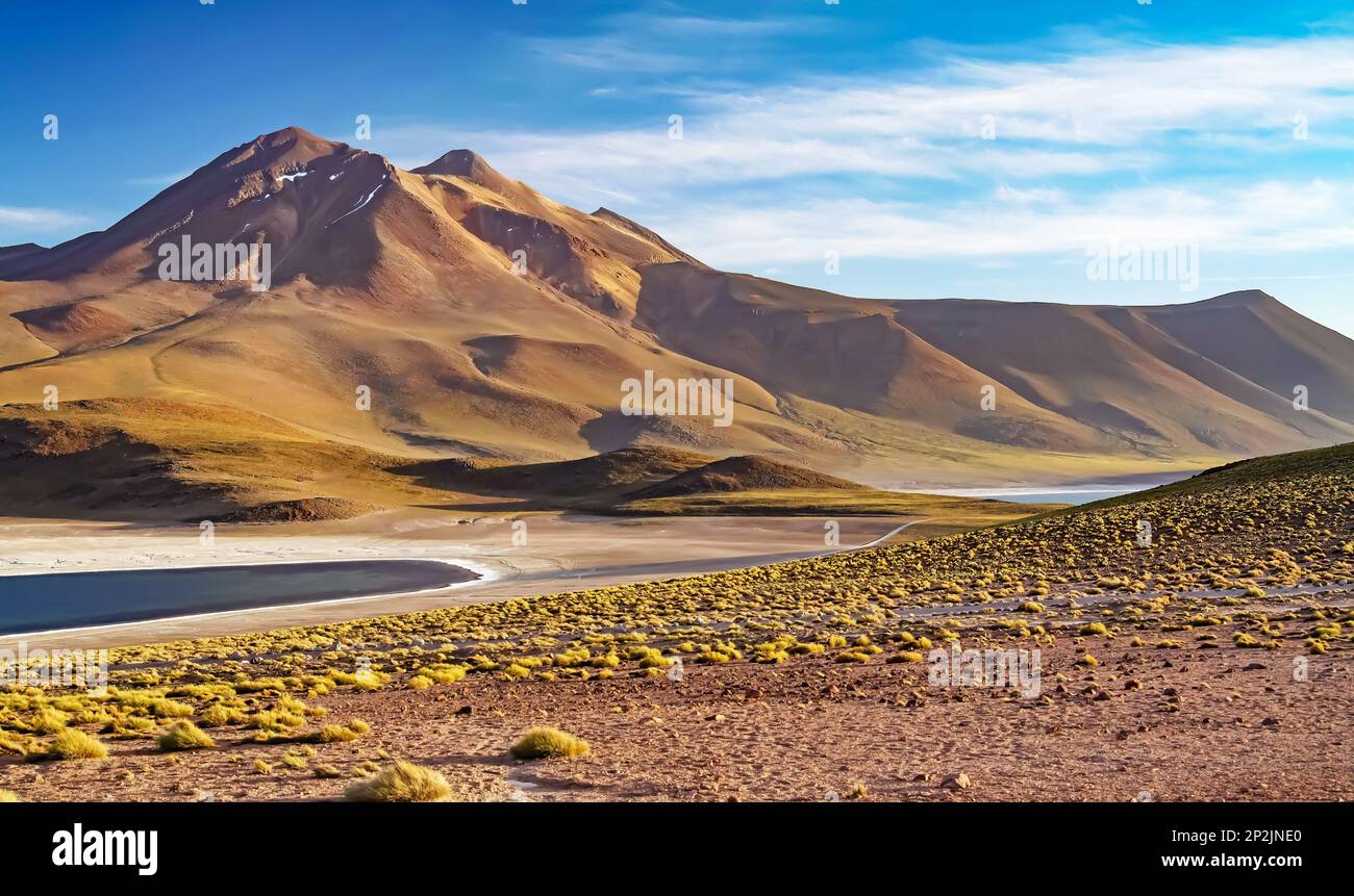 Beautiful dry arid wild landscape, two lakes in andes mountains high ...