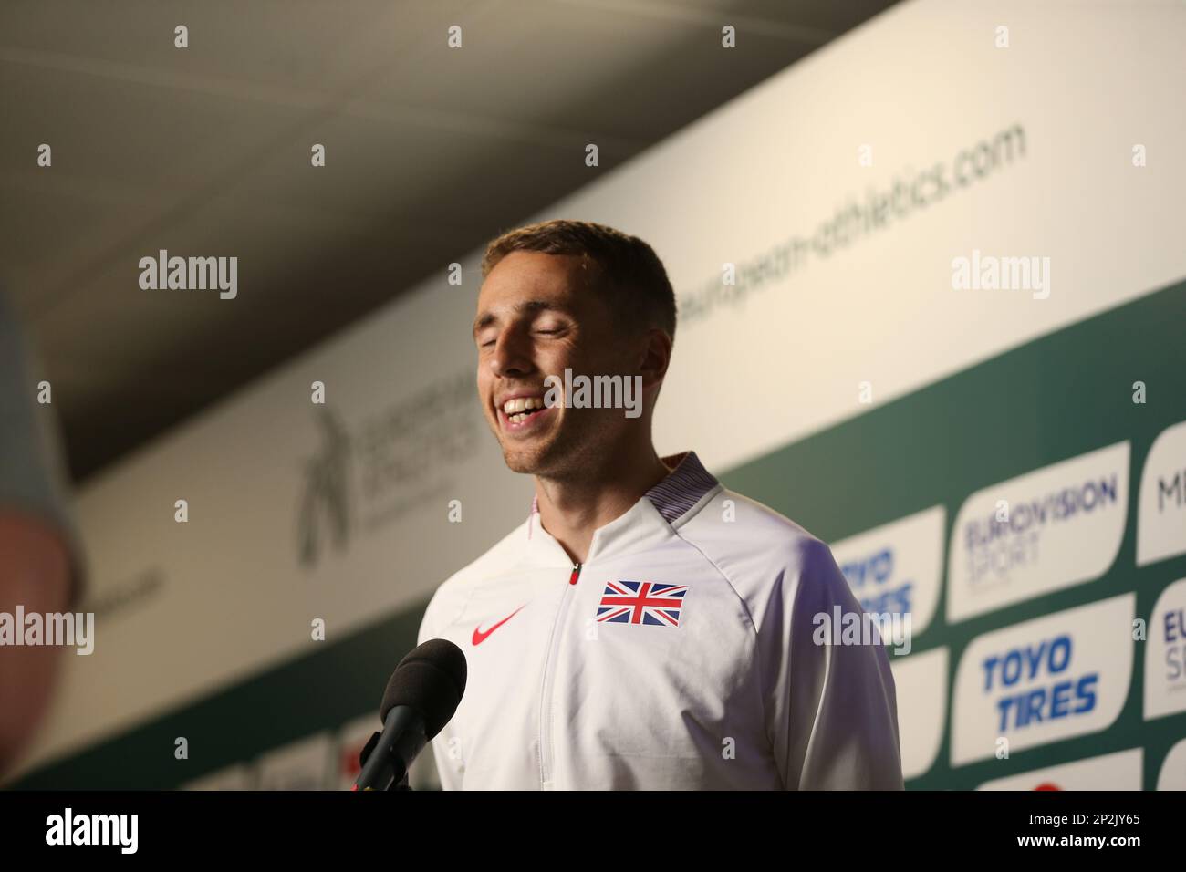 Neil Gourley (GBR) speaks to the media after his race during the ...