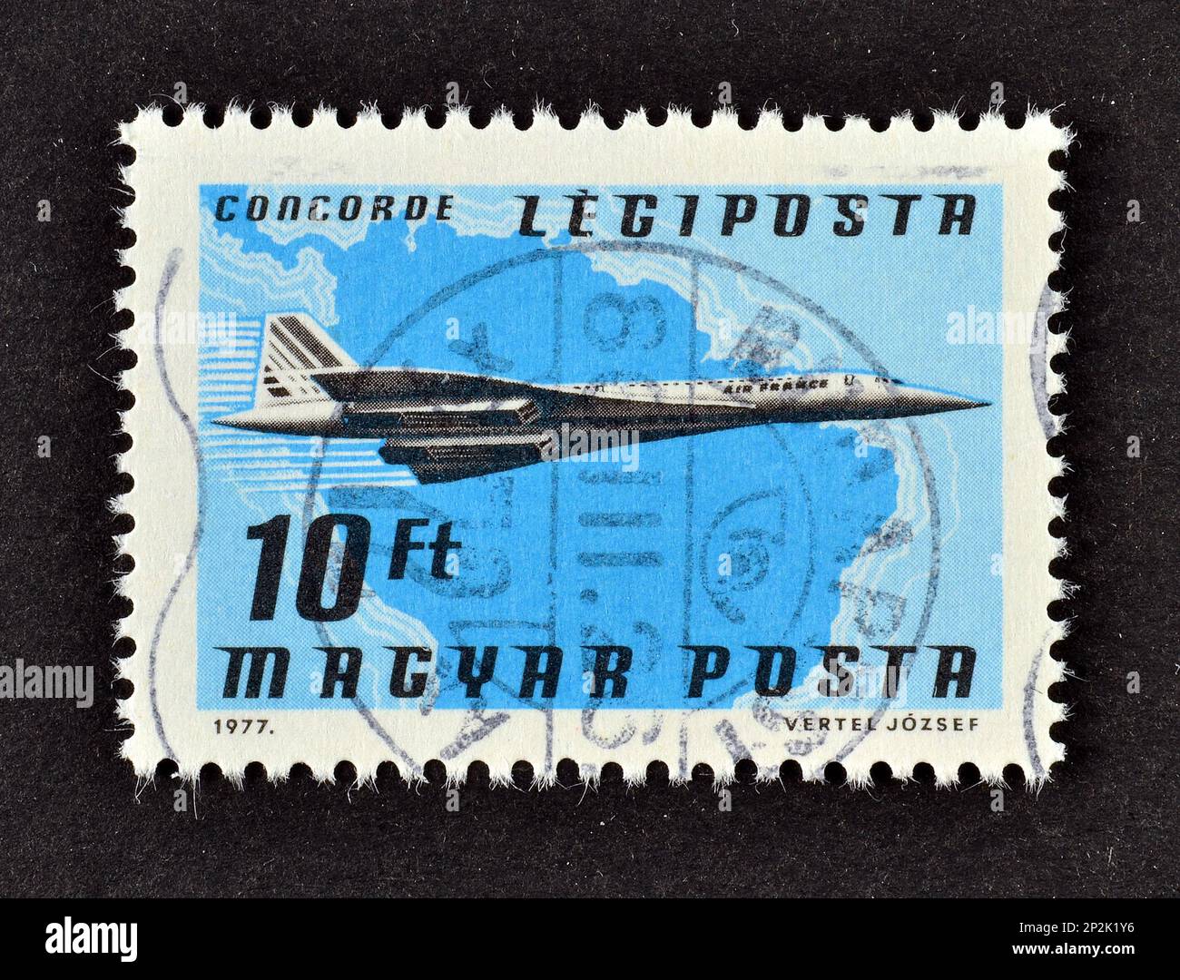 Cancelled postage stamp printed by Hungary, that shows "Concorde" (Air ...