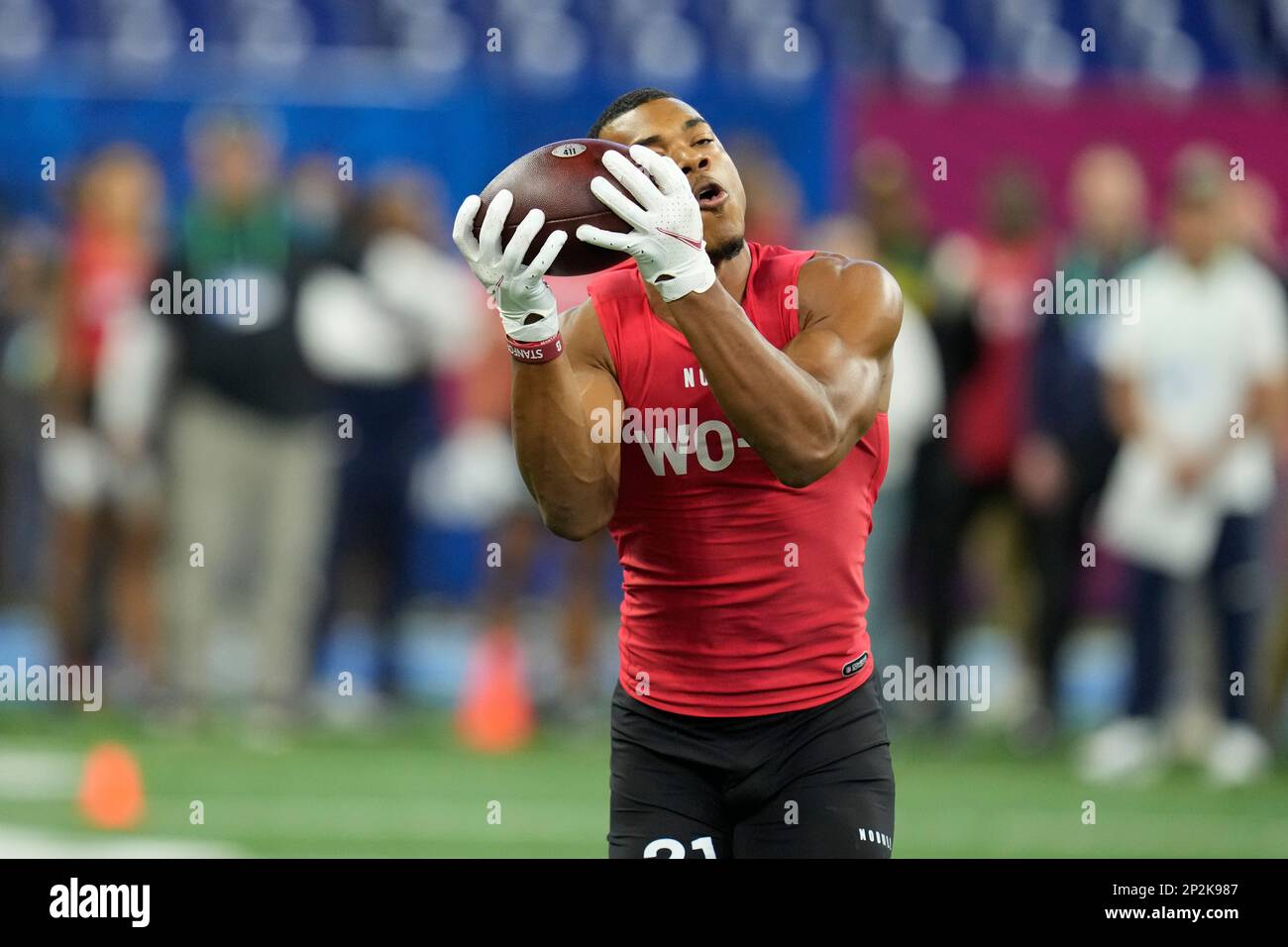 Stanford wide receiver Elijah Higgins runs a drill at the NFL football ...