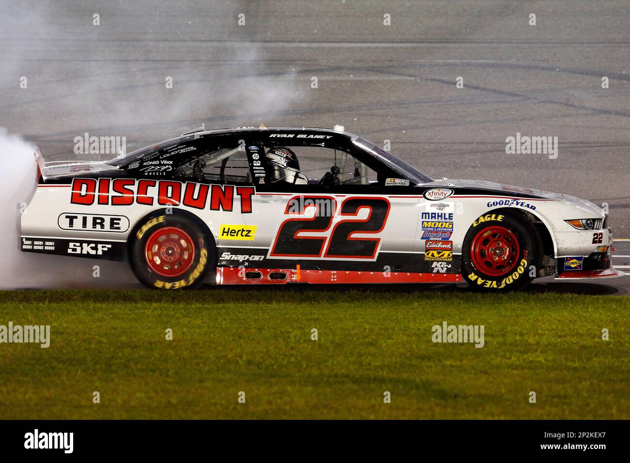Ryan Blaney celebrates his win with a burnout at the NASCAR Xfinity ...