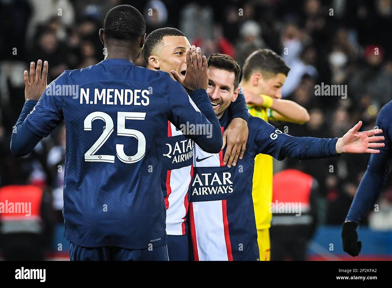 Lionel (Leo) MESSI of PSG celebrate his goal with Kylian MBAPPE of PSG ...