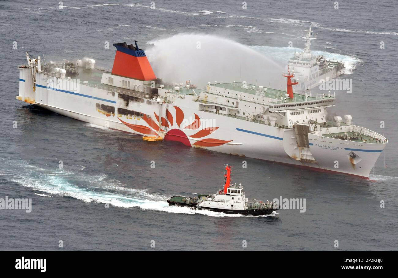 An aerial photo shows firefighting vessel of the Japan Coast Guard (JCG ...