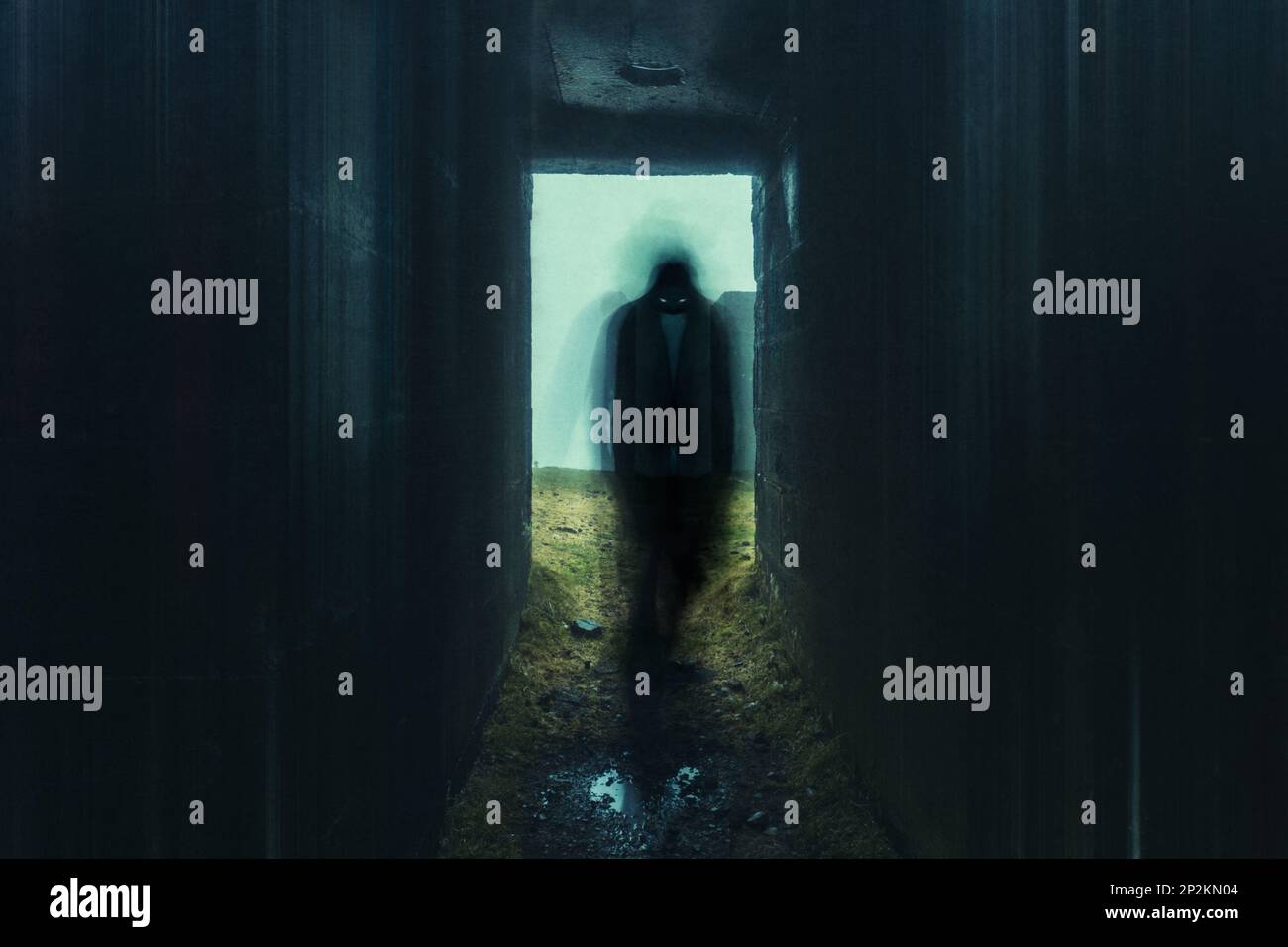 A horror concept of a ghost like demon with glowing eyes, walking ...