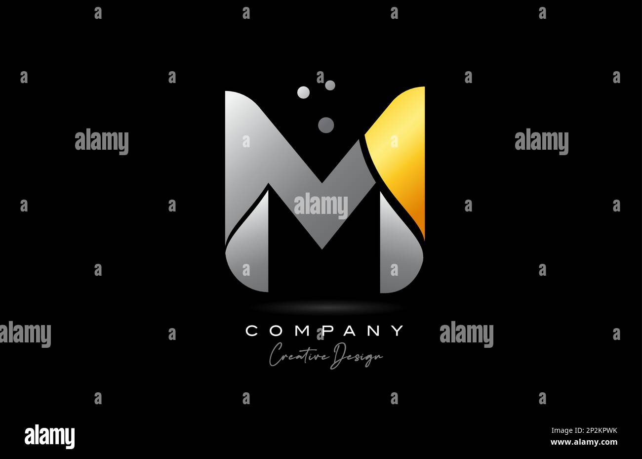 M yellow golden alphabet letter logo icon design with grey color ...