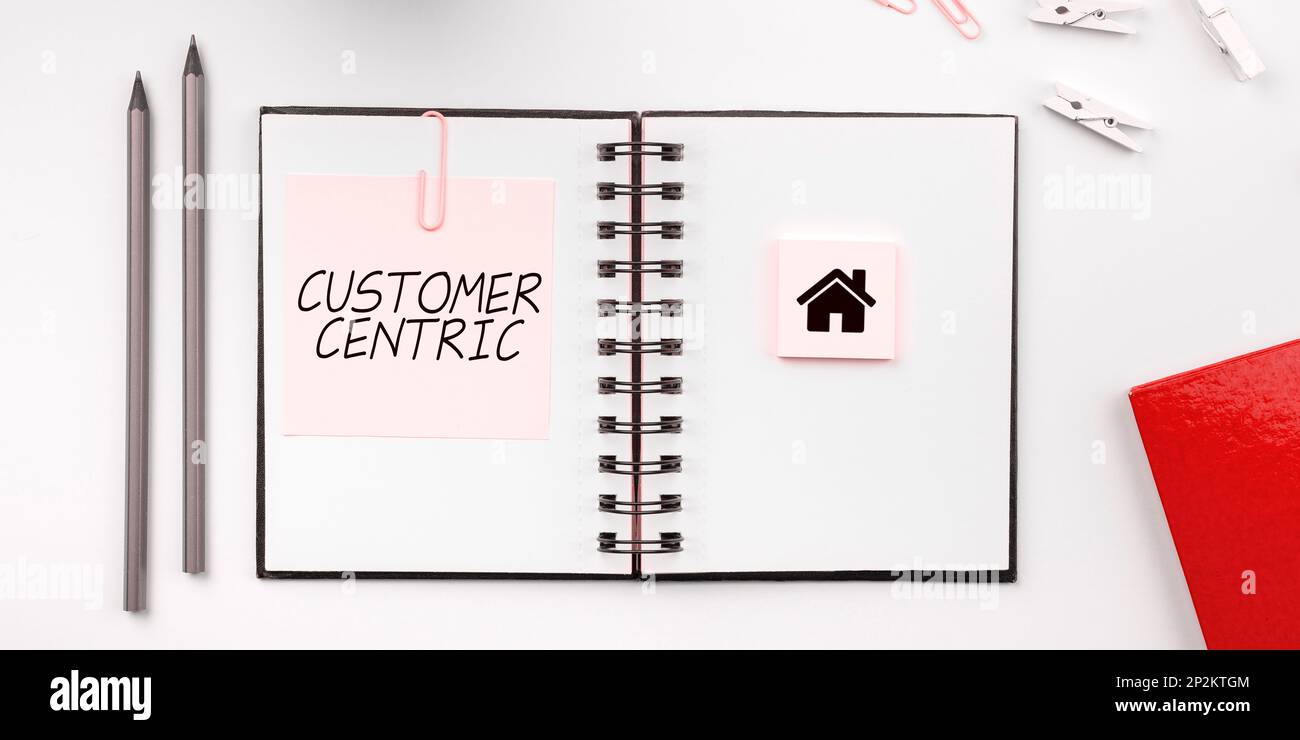 Hand writing sign Customer Centric. Concept meaning process of looking ...