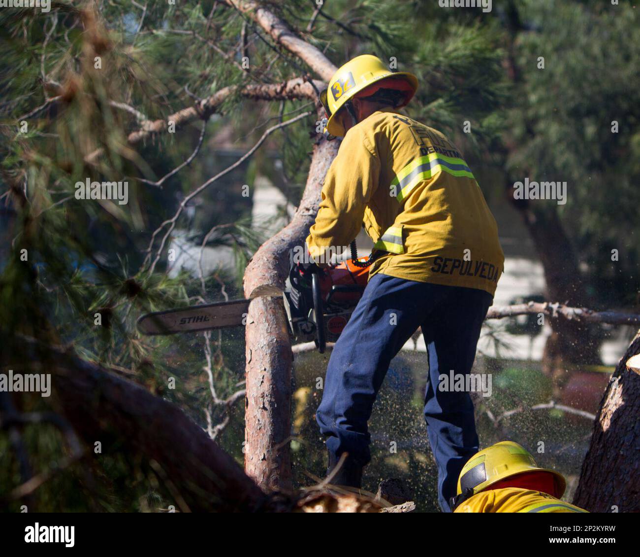 In this image released by Pasadena Fire, Pasadena firefighters work to ...