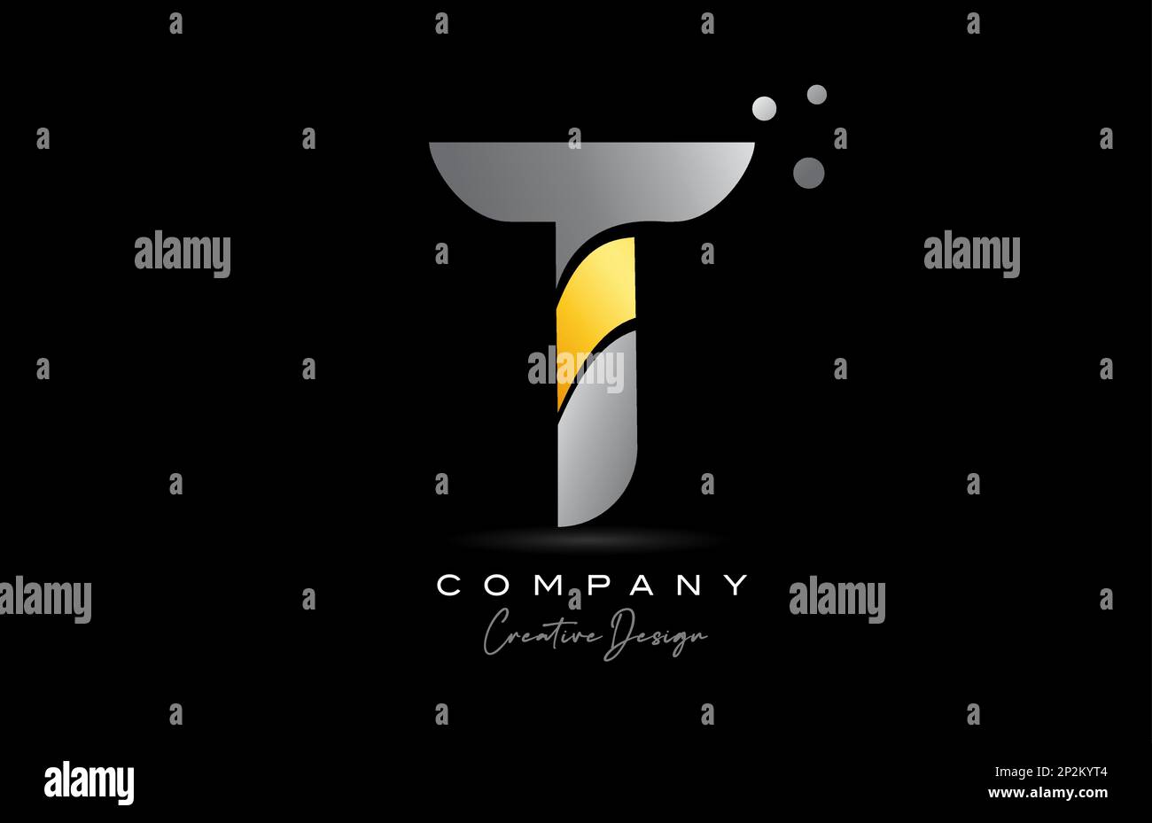 T yellow golden alphabet letter logo icon design with grey color ...