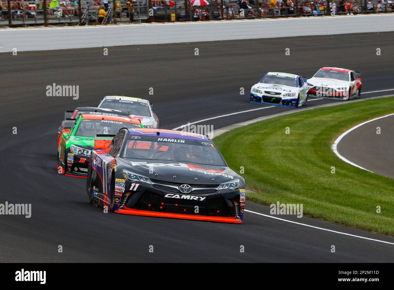Denny Hamlin (11) and Danica Patrick (10) during the NASCAR Brickyard ...
