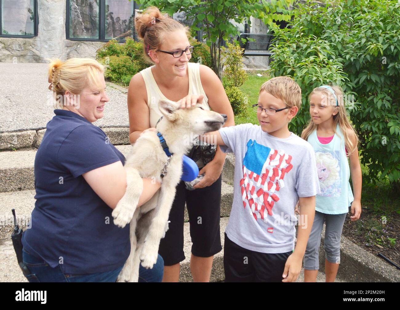 Zoo Director Jamie LeBlanc-Huss holds 11-week-old wolf pup Kodiak by a ...