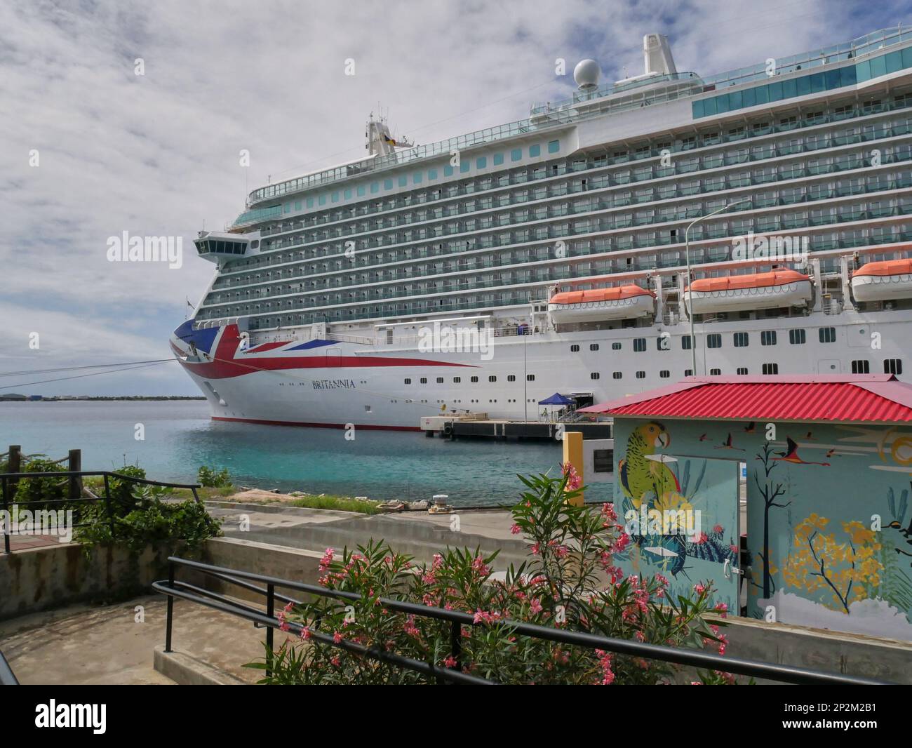 P&O cruise liner Britannia at the quayside showing a partial view of ...