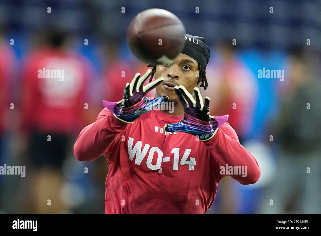North Carolina wide receiver Josh Downs runs a drill at the NFL ...