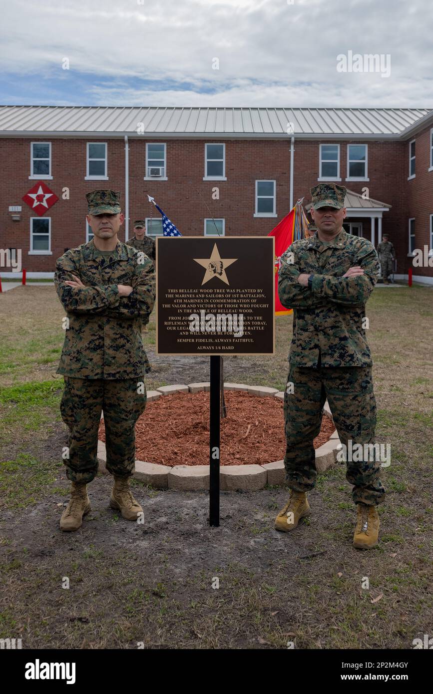 U.S. Marine Corps Sgt. Maj. Michael Castillo (left), sergeant major for the Battalion Landing ...