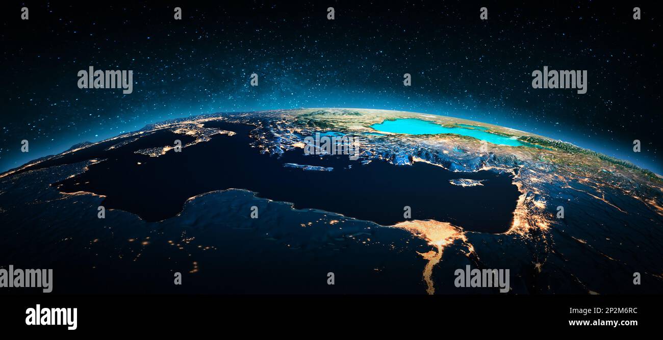 Mediterranean sea at night. Elements of this image furnished by NASA ...