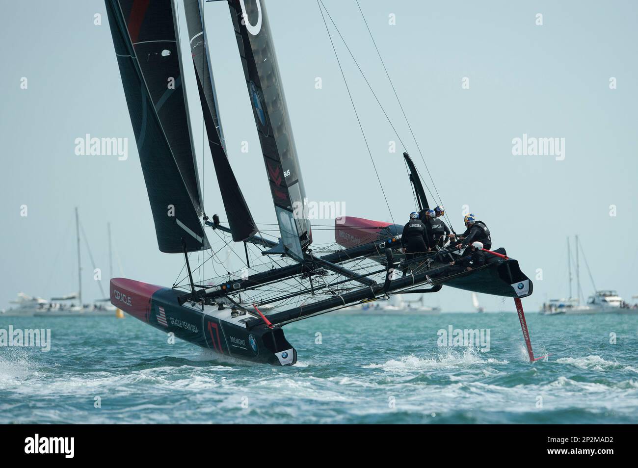 25 July 2015: Oracle Team USA take off on the downwind leg during the ...
