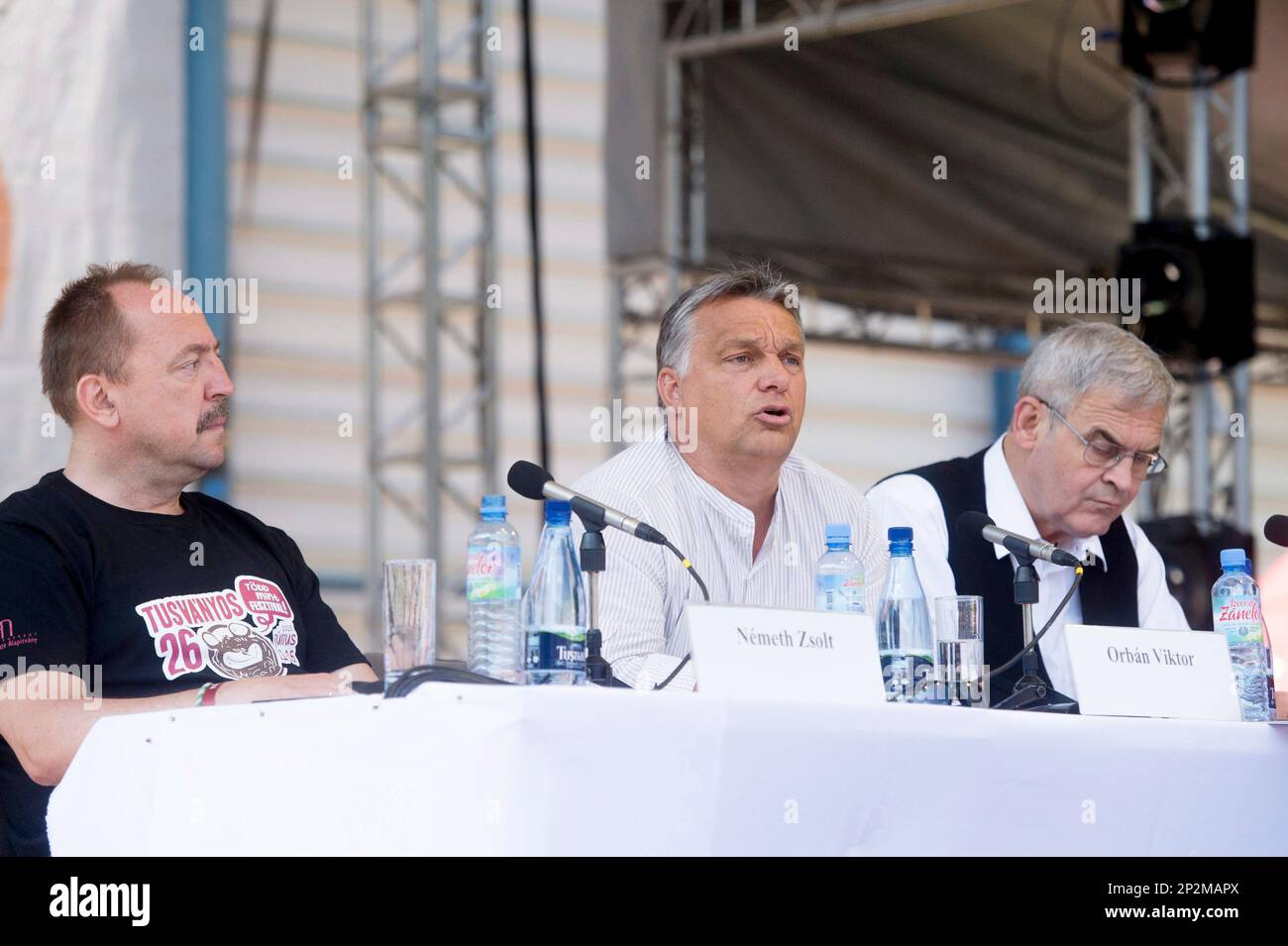 Hungarian Prime Minister Viktor Orban, center, is flanked by Chairman ...