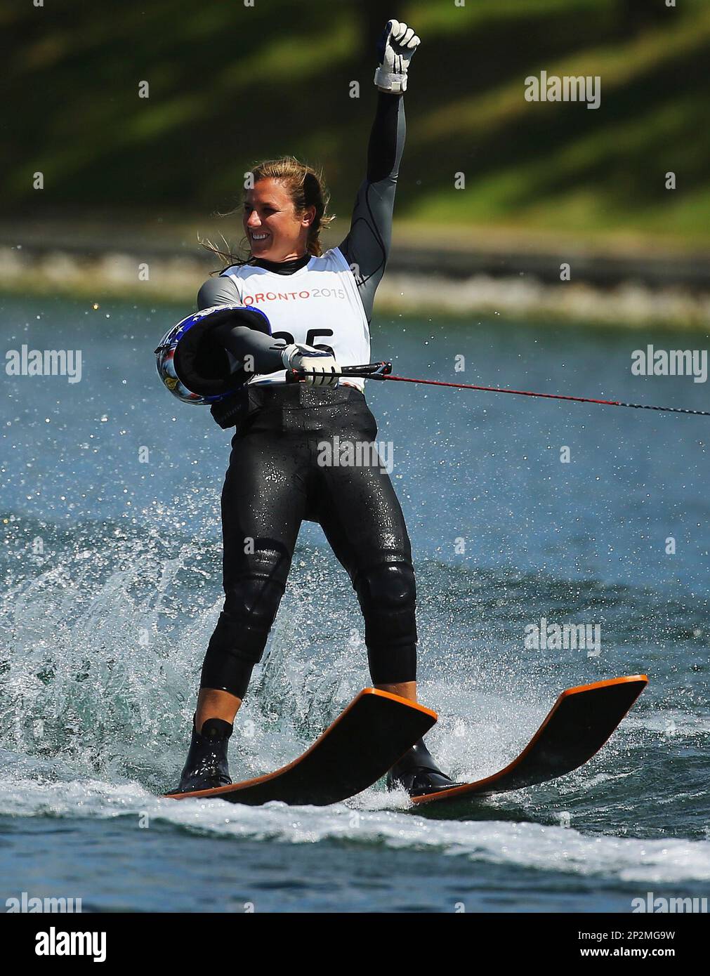 Regina Jaquess of the USA celebrates winning the women's water ski jump ...