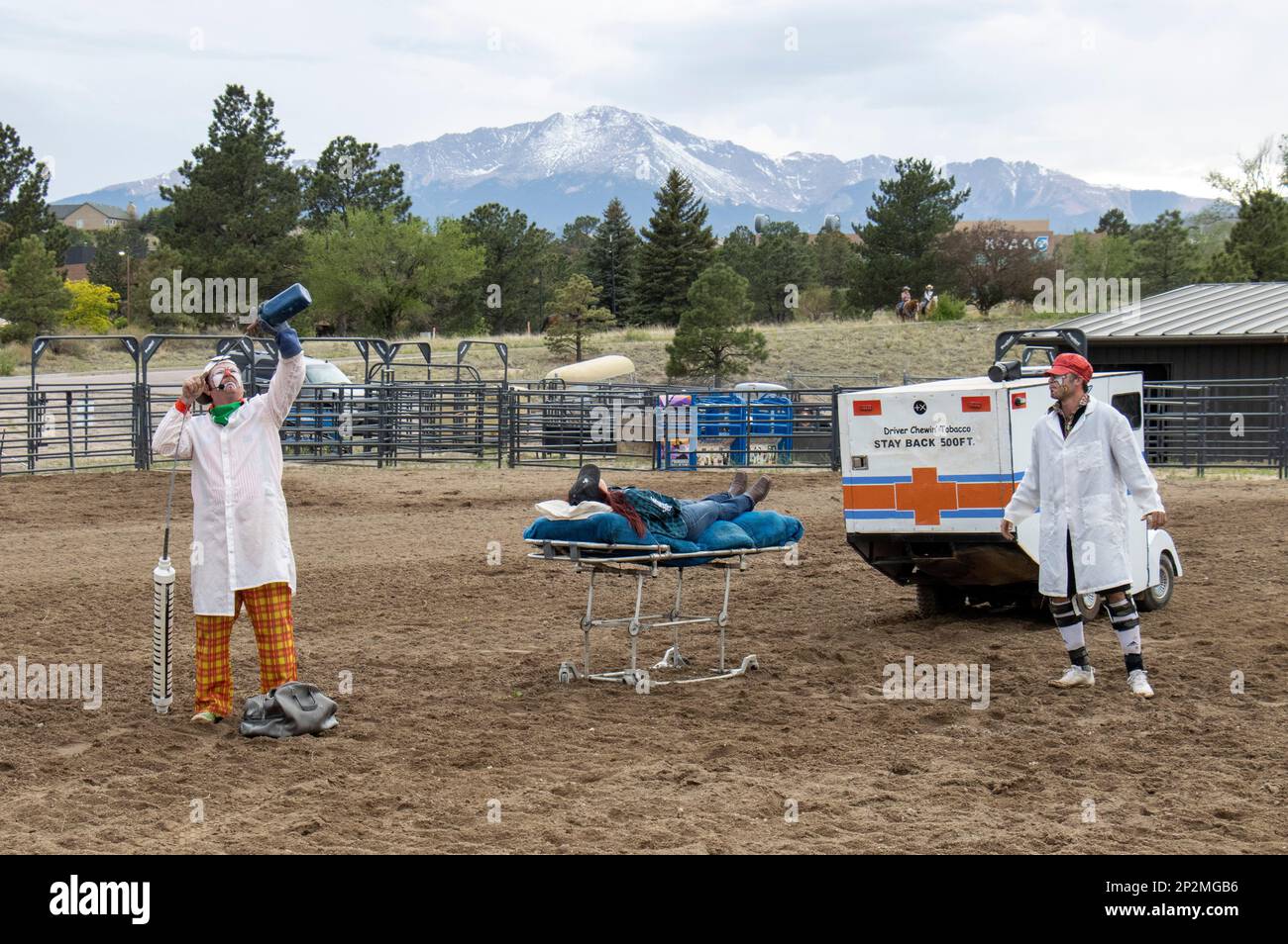 Rodeo clowns and their version of an ambulance during rodeo at Colorado ...