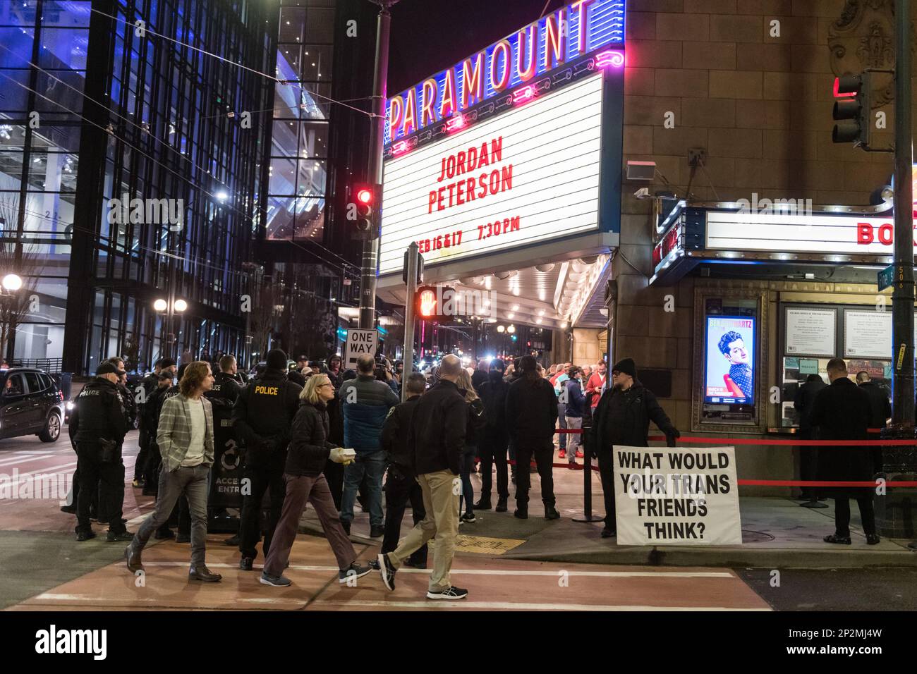 Seattle, USA. 17th Feb, 2023. Protect Trans Kids Protest at the STG ...