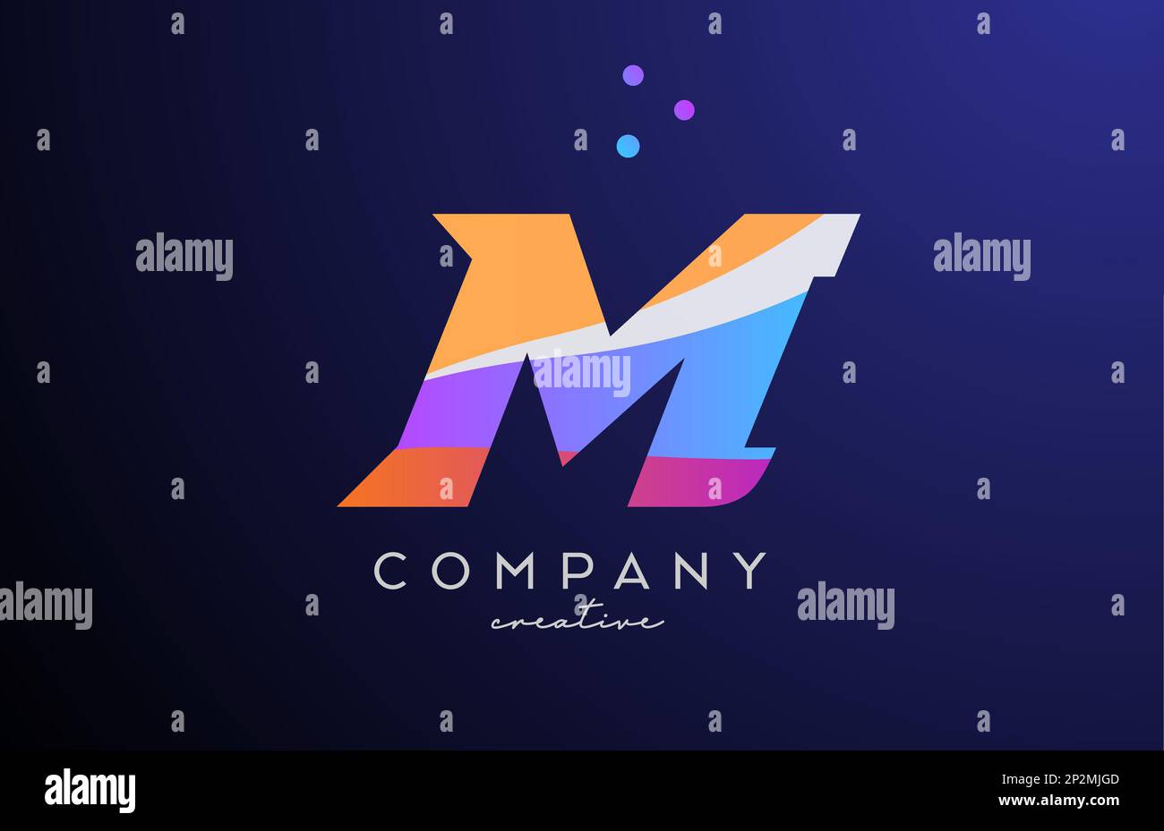 colored M alphabet letter logo icon with dots. Orange pink blue ...