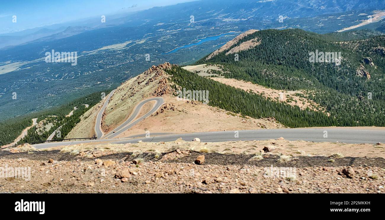 Winding road (now paved) up to the top of Pikes Peak, Colo. USA Stock ...