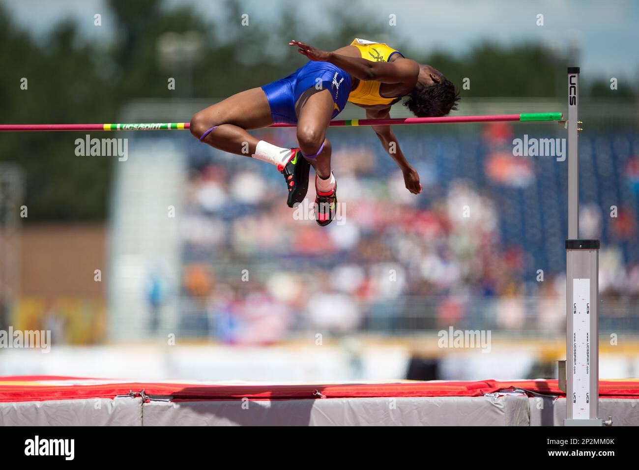 July 22, 2015: Akela Jones of Barbados clears the bar during the women ...