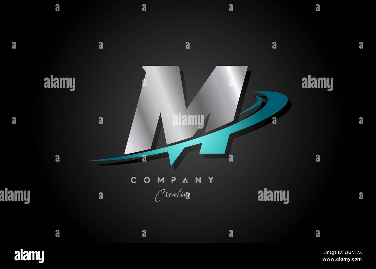 silver metal blue M alphabet letter logo icon design with swoosh ...