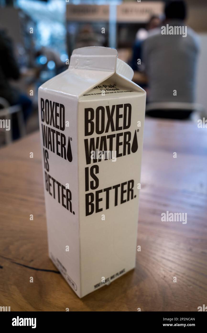 Seattle, USA. 28 Feb 2023. Boxed water on a table at a Seattle store ...