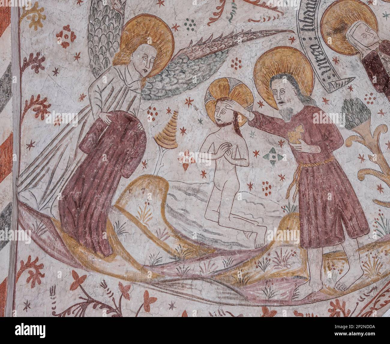 Baptism of Jesus in the river Jordan, an old fresco in Keldby Church ...