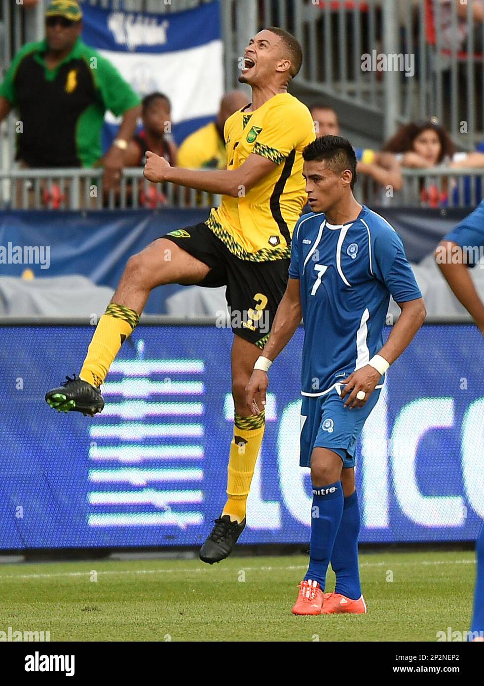 July 14, 2015: Jamaica defender Michael Hector (3) leaps in joy past El ...