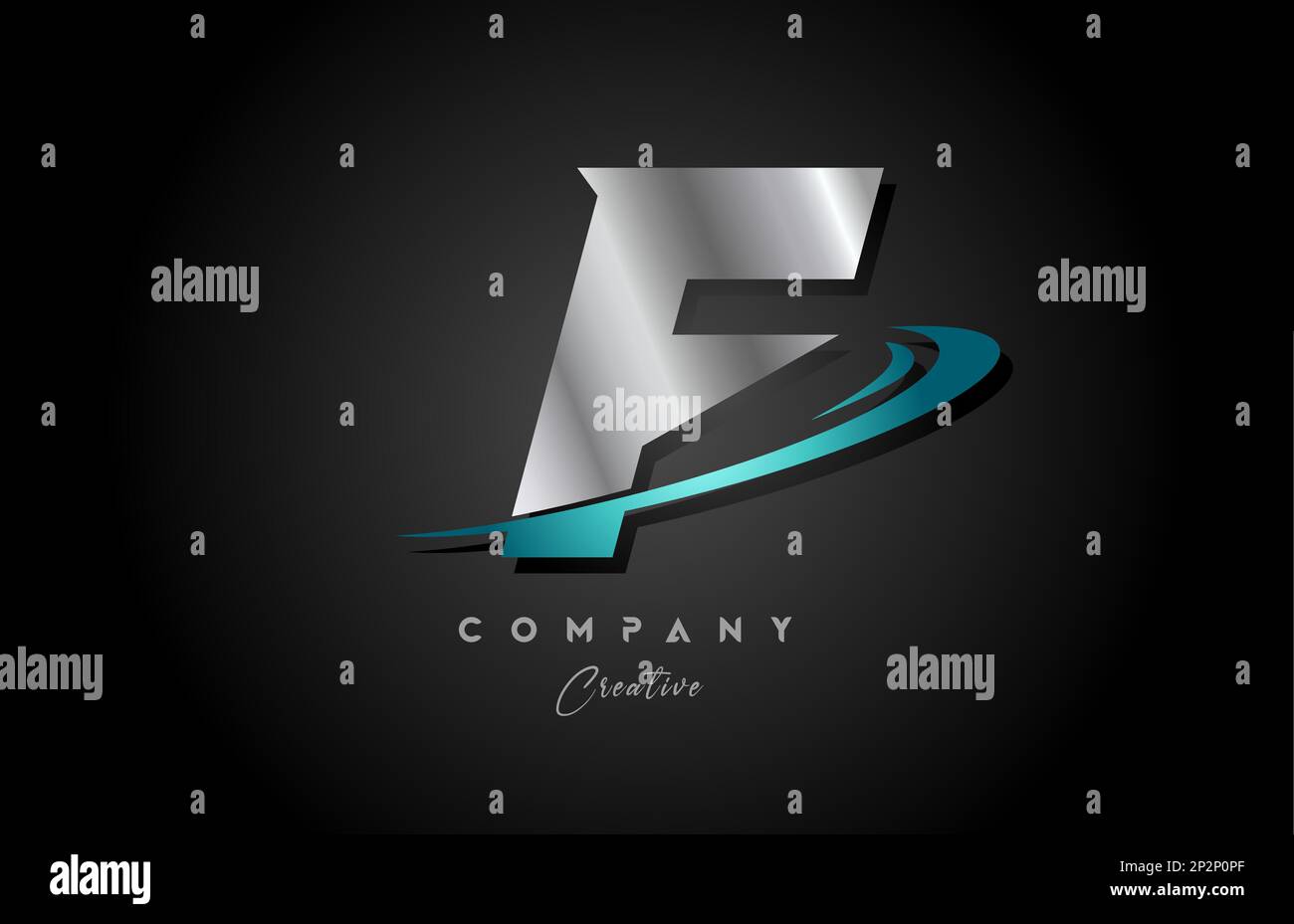 silver metal blue F alphabet letter logo icon design with swoosh ...