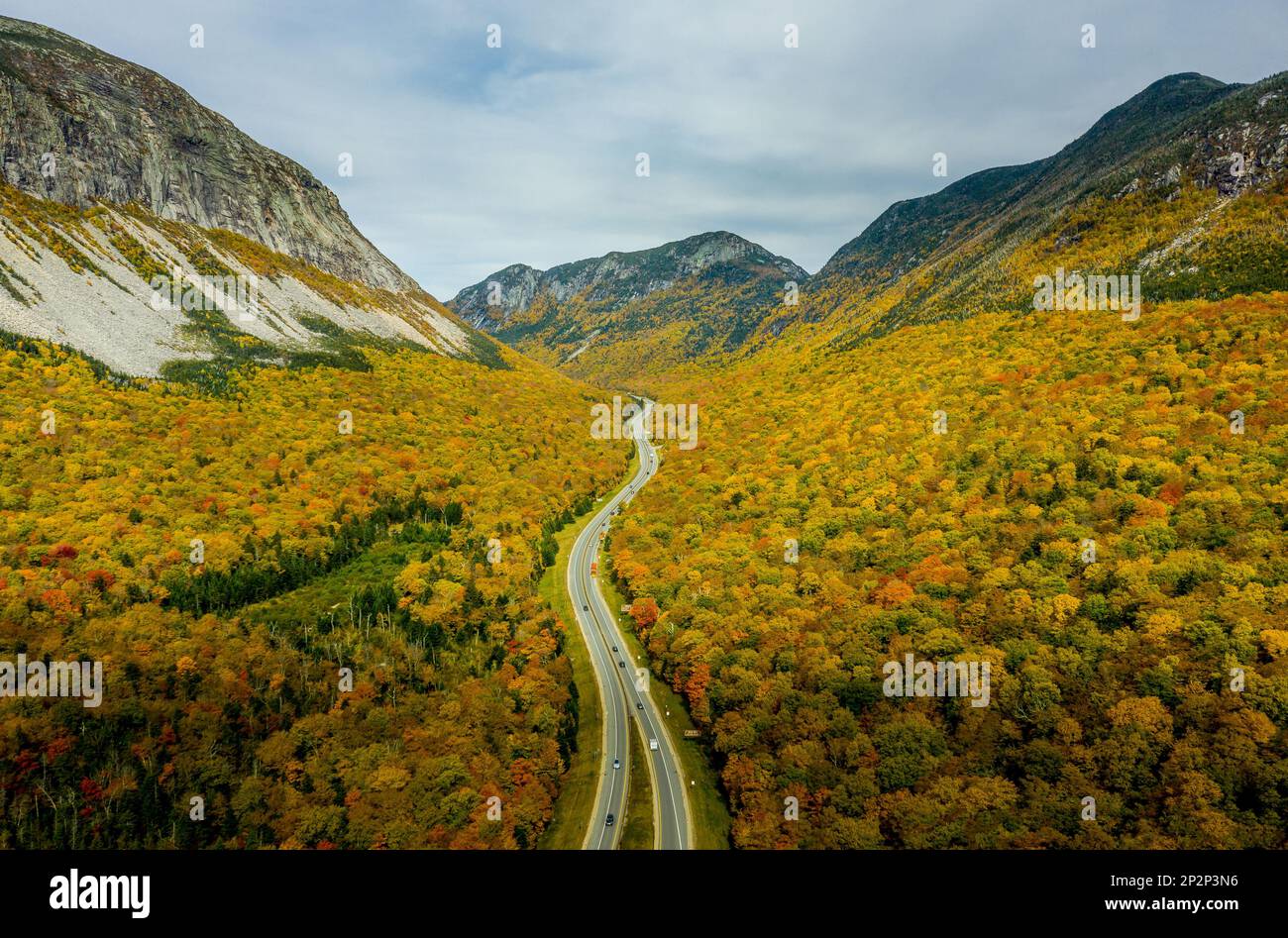 Aerial view of Franconia Notch, New Hampshire during peak fall foliage ...