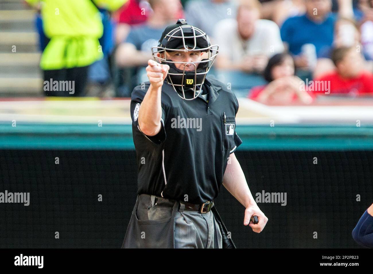 06 July 2015: Home plate umpire Mike Estabrook (83) calls a strike ...