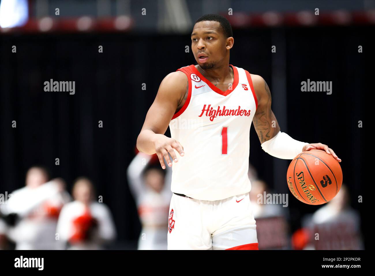 CHARLOTTE, NC - MARCH 04: DaQuan Smith (1) of the Radford Highlanders brings the ball down the ...