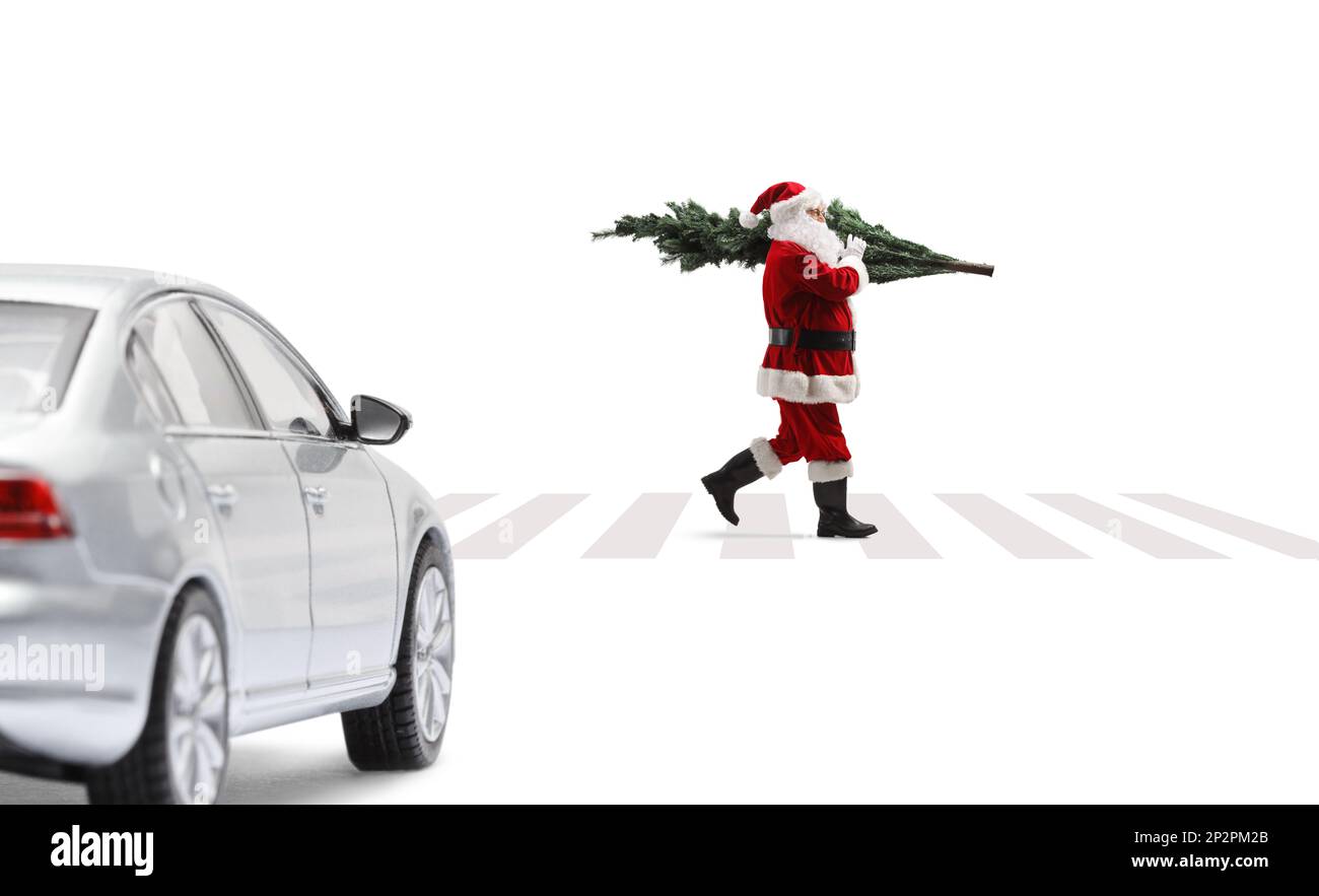 Car waiting for santa claus to cross a street on a pedestrian crossing ...