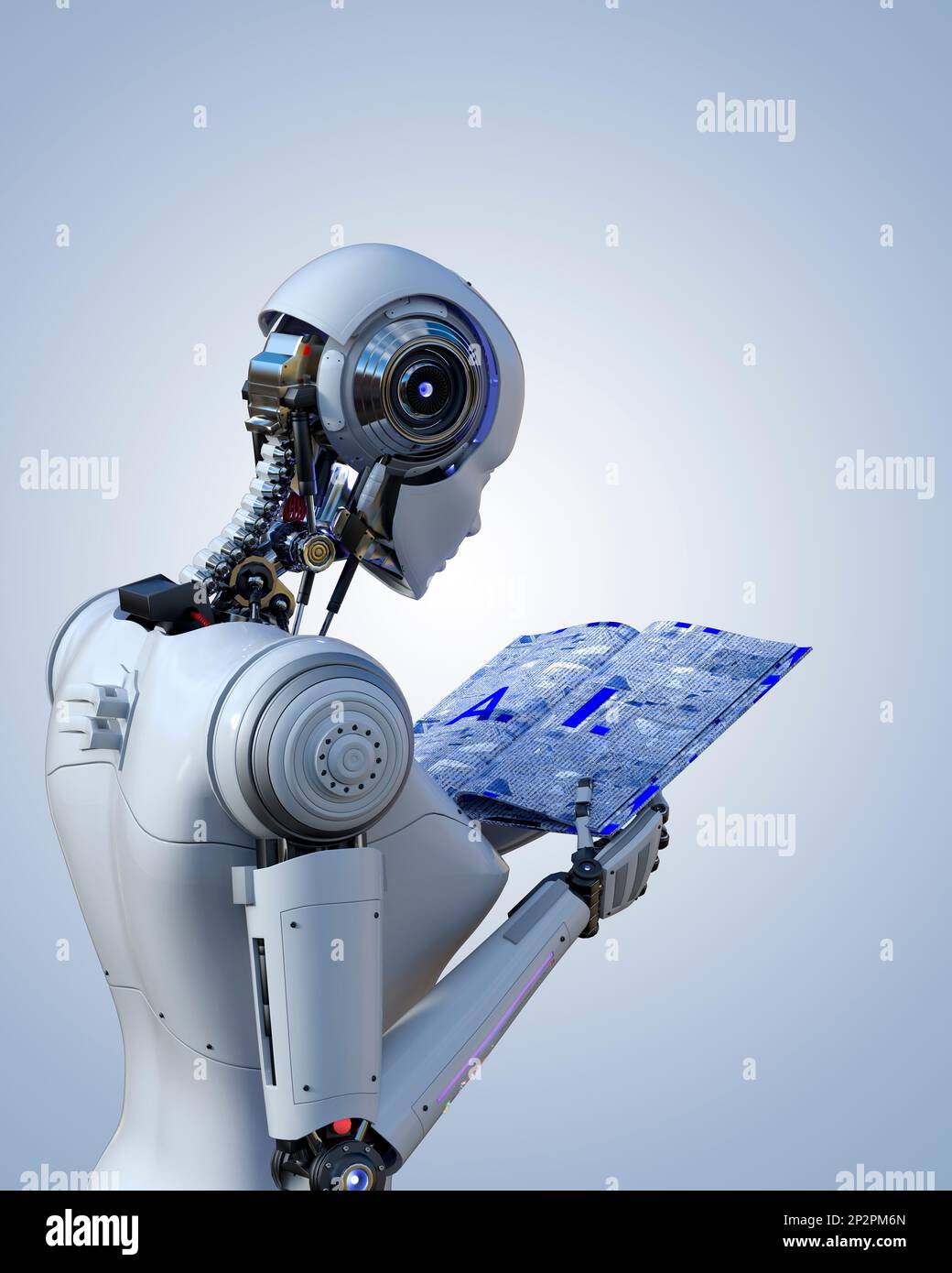 A female robot reading a book about artificial intelligence. Blue ...