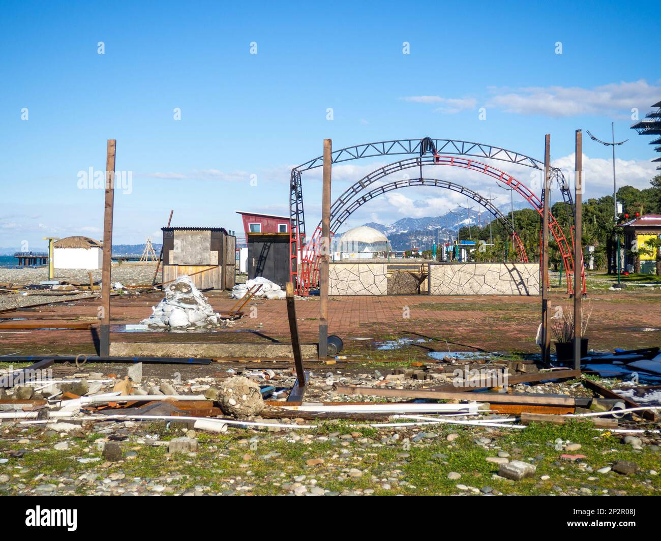 Ruined stall on the beach. Off-season. Abandoned business ...
