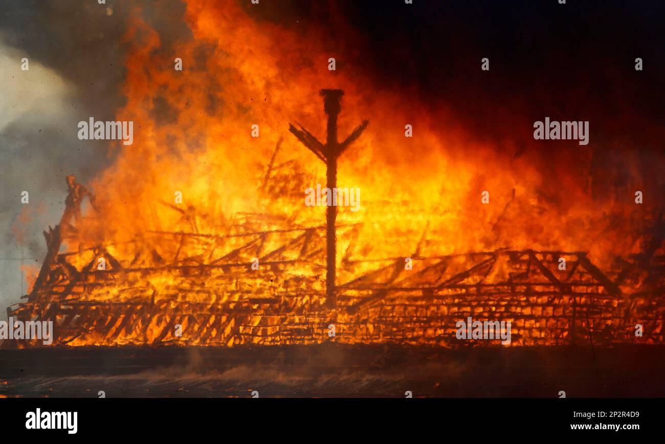 Civic Stadium burns in Eugene, Ore., Monday, June 29, 2015. Eugene ...