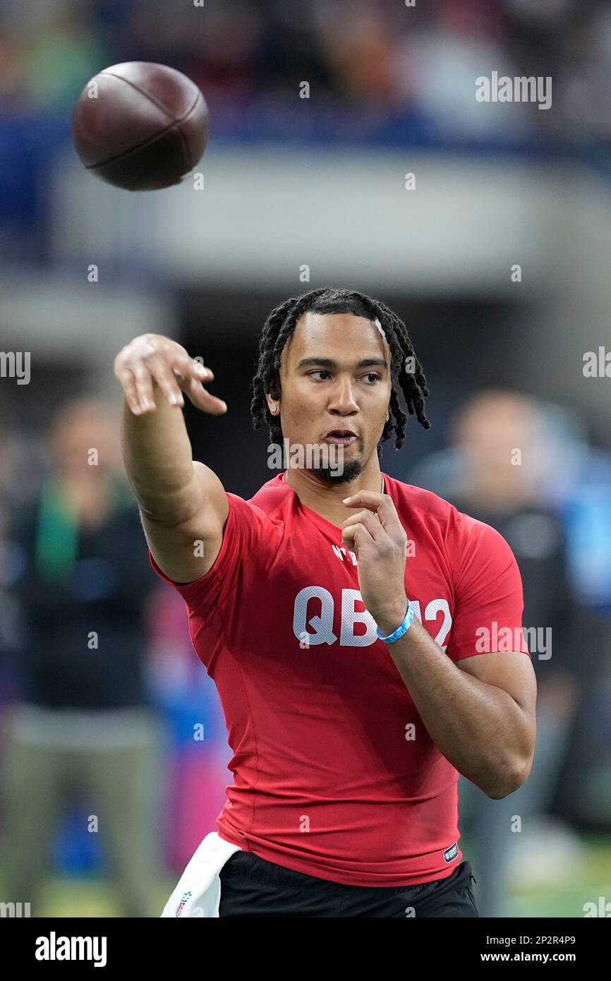 Ohio State quarterback CJ Stroud runs a drill at the NFL football scouting combine in ...