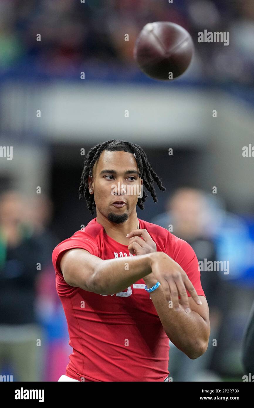 Ohio State quarterback CJ Stroud runs a drill at the NFL football scouting combine in ...