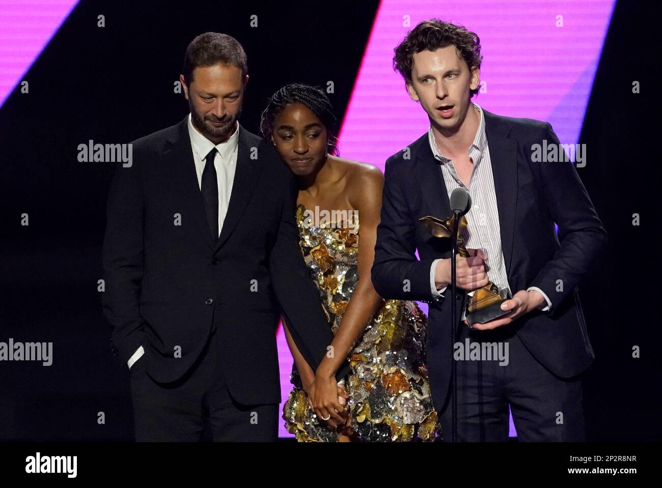 Ebon Moss-Bachrach, from left, Ayo Edebiri and Cooper Wehde accept the ...