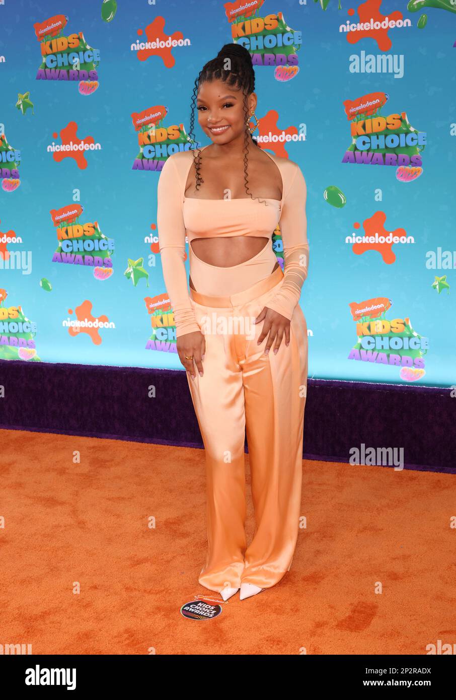 Halle Bailey arrives at the Nickelodeon Kids' Choice Awards on Saturday, March 4, 2023, at ...