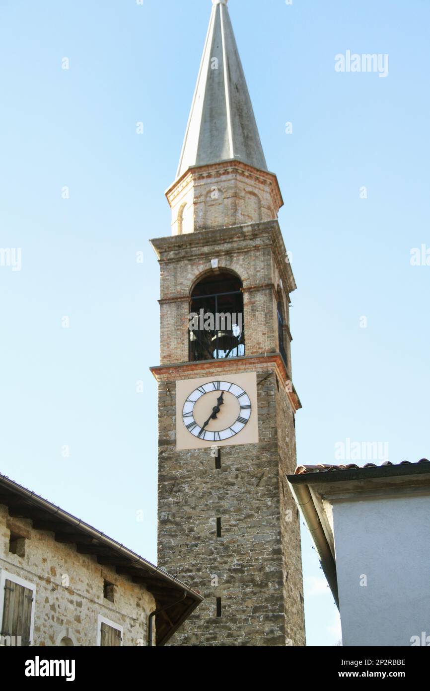 Frisanco, Italy. The bell tower of Chiesa Sante Fosca e Maura Stock ...